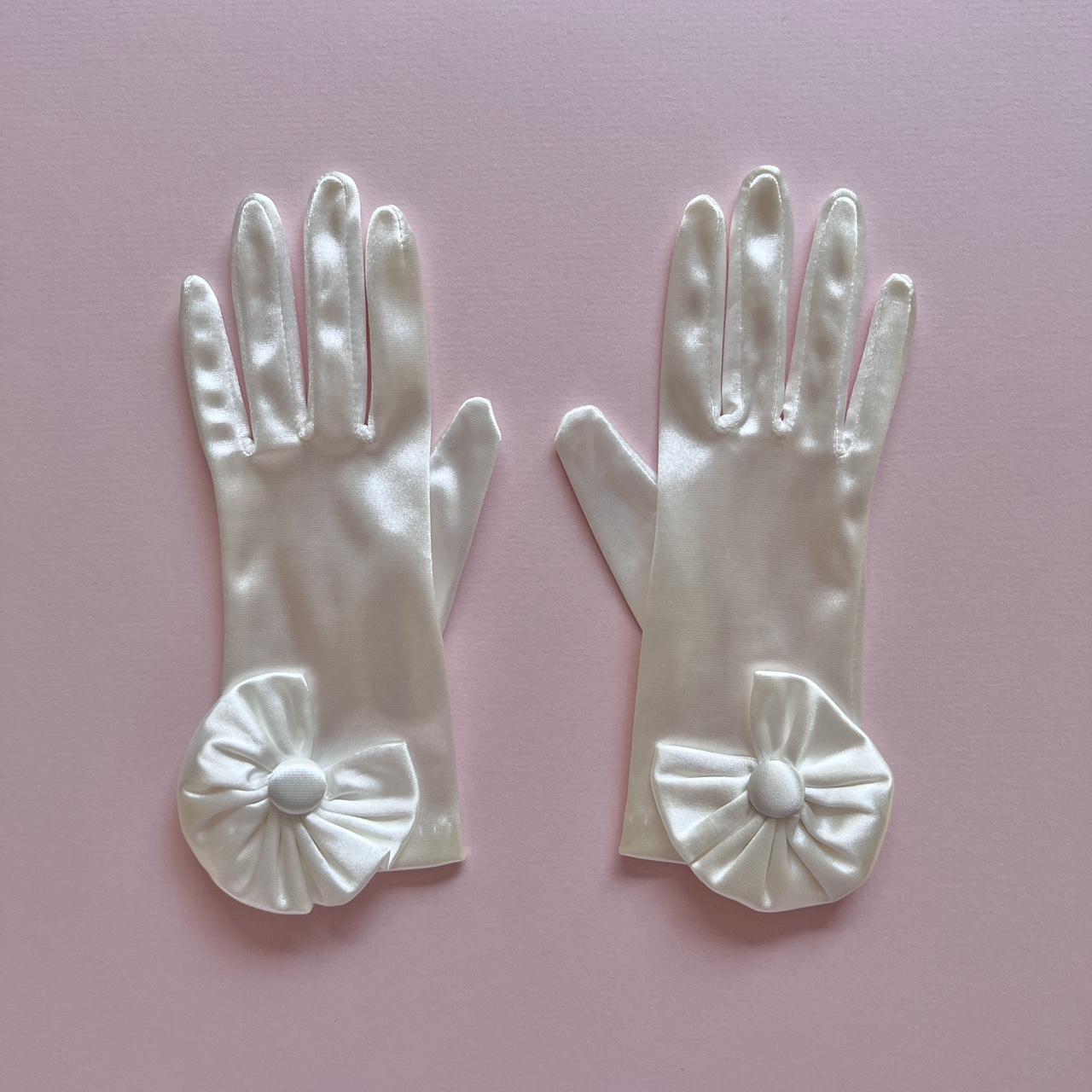 White ivory satin gloves with fabric covered button... - Depop
