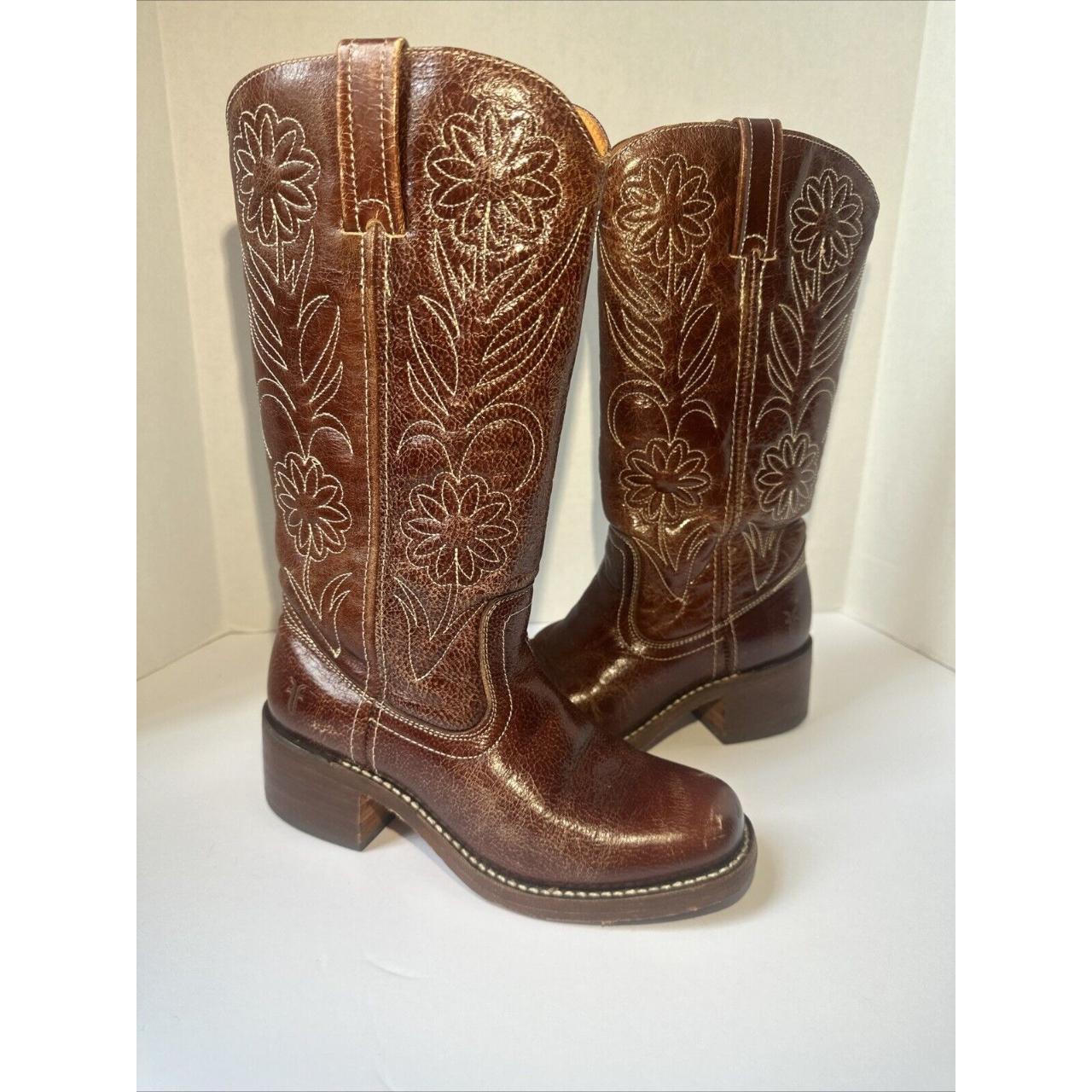 Frye Campus Floral Stitch Square Toe Western Boots... - Depop