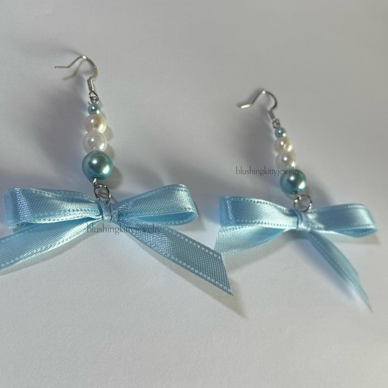 Baby blue bow earrings 𖦹 5 inch 𖦹 pearls, glass... - Depop