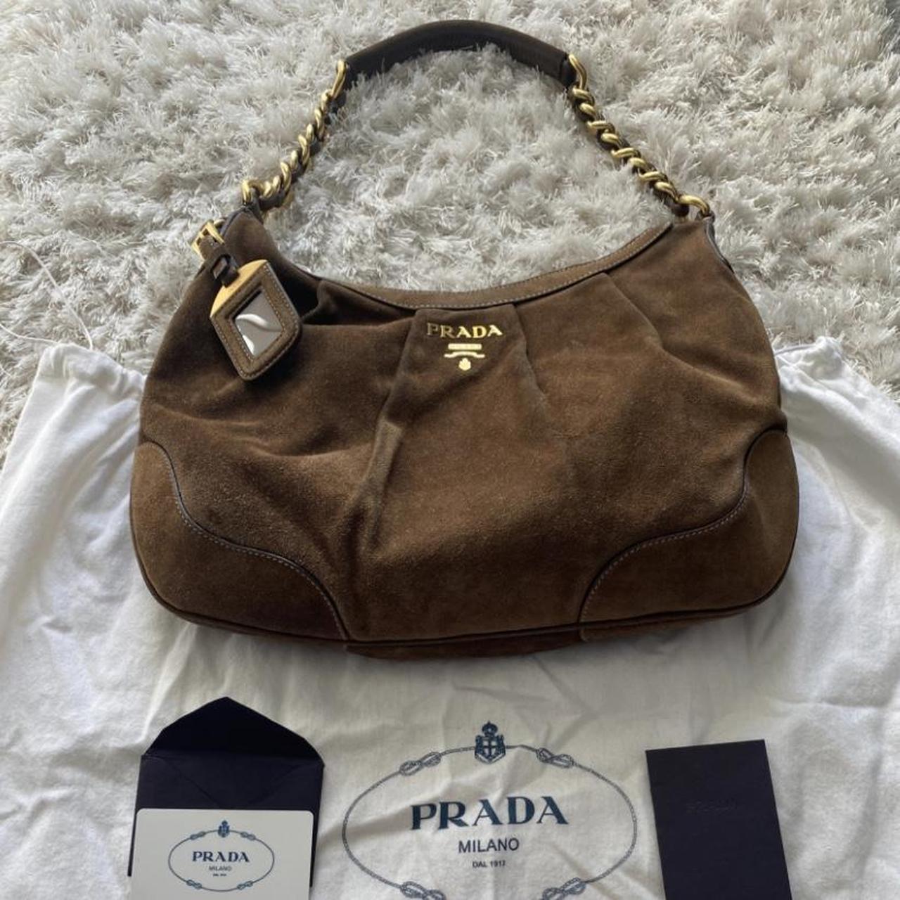 Prada brown suede shoulder bag Really good... - Depop