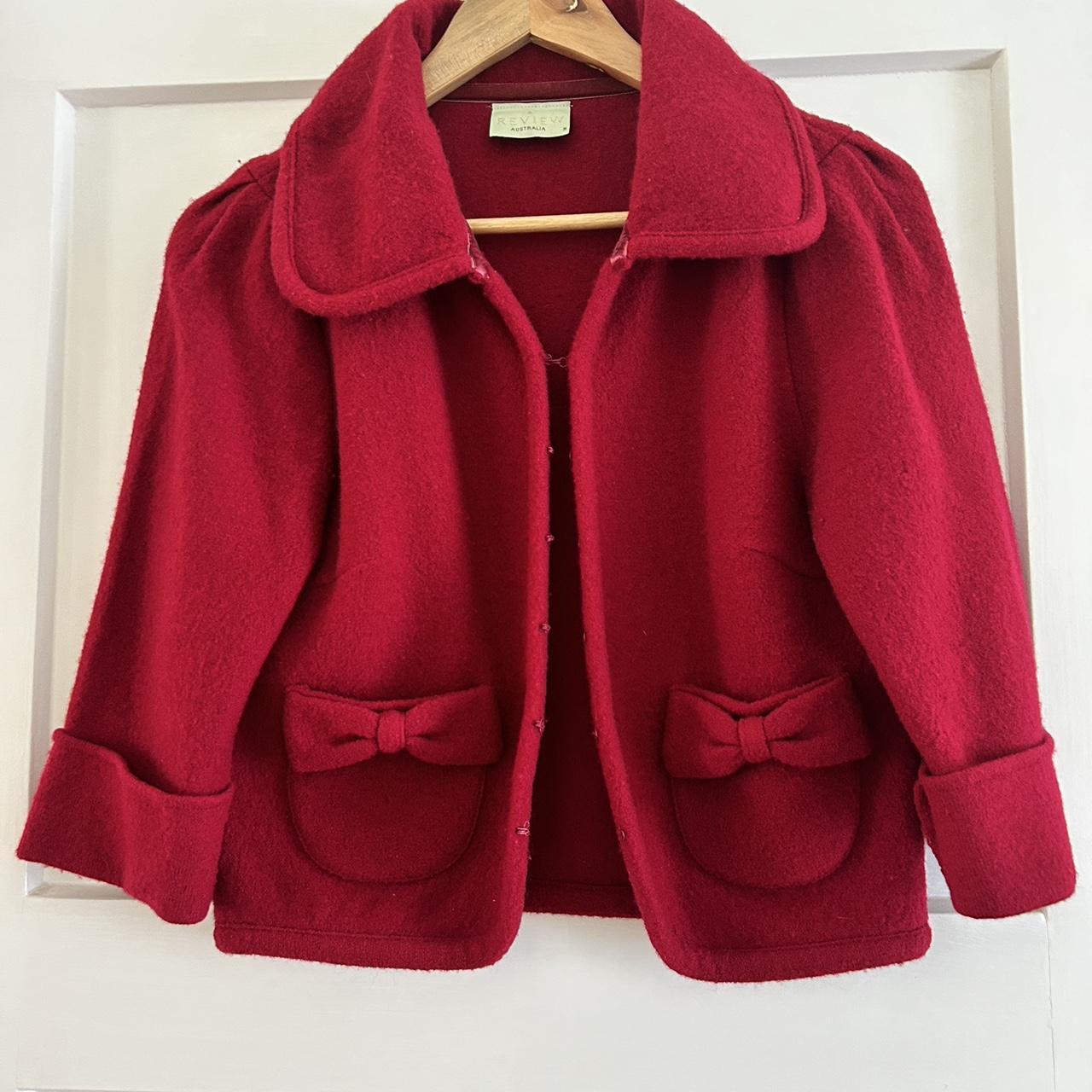 Review - Red Cropped Wool jacket. Hook and eye... - Depop