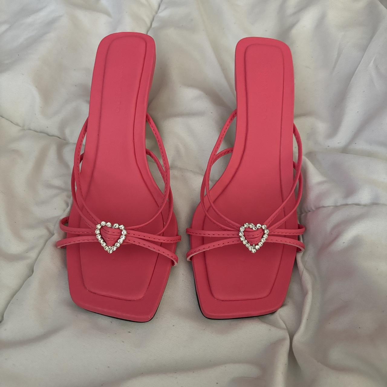Hot pink yk2 heart strappy slingback heels with... | Depop