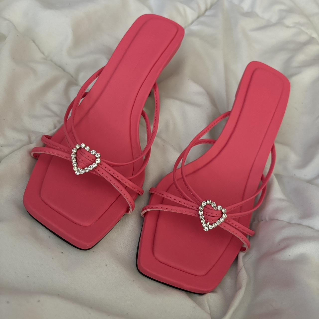 Hot pink yk2 heart strappy slingback heels with... | Depop