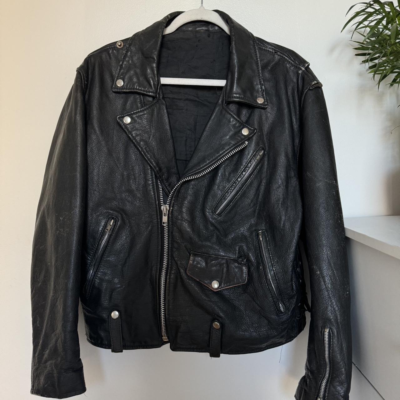 oversized vintage worn leather jacket lace detail... - Depop