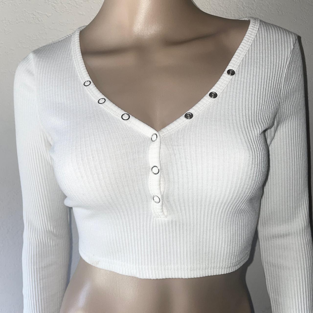 White cropped long sleeve snapped henly from... - Depop