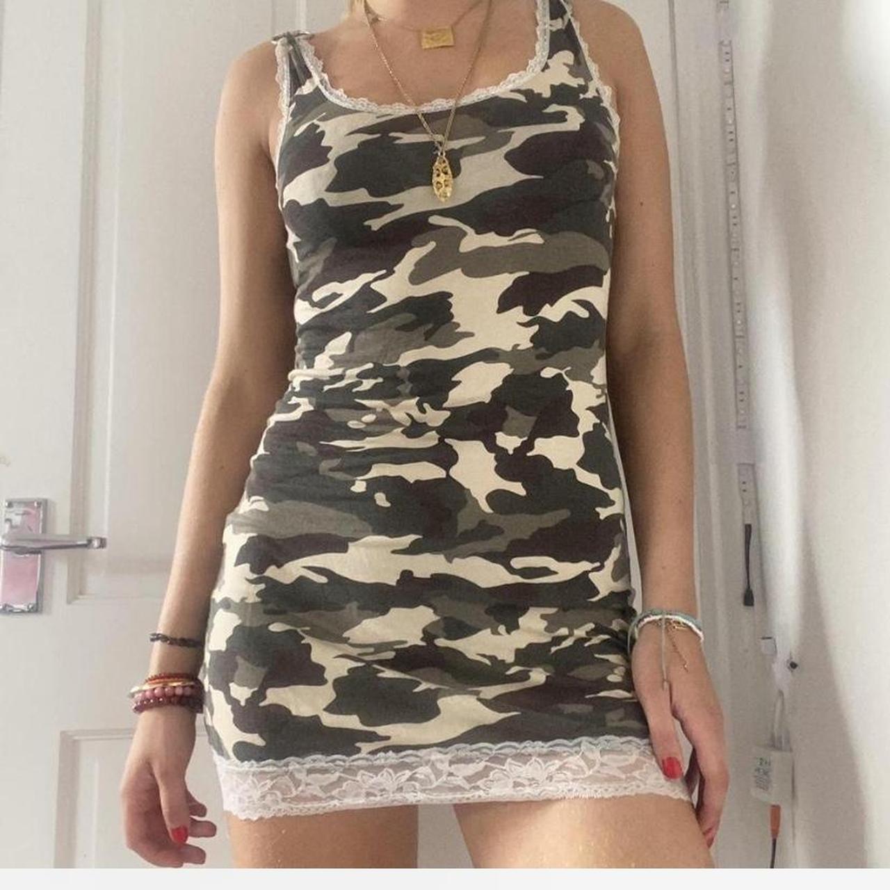 Vintage 2000s camo mini dress with lace detailings... - Depop