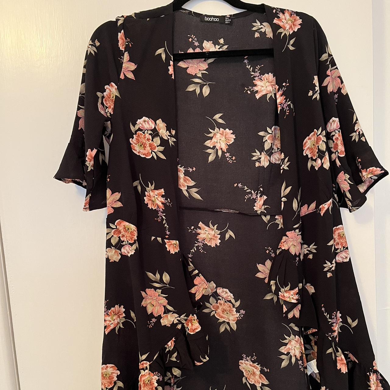 Boohoo wrap mini dress in floral pink with ruffle... - Depop