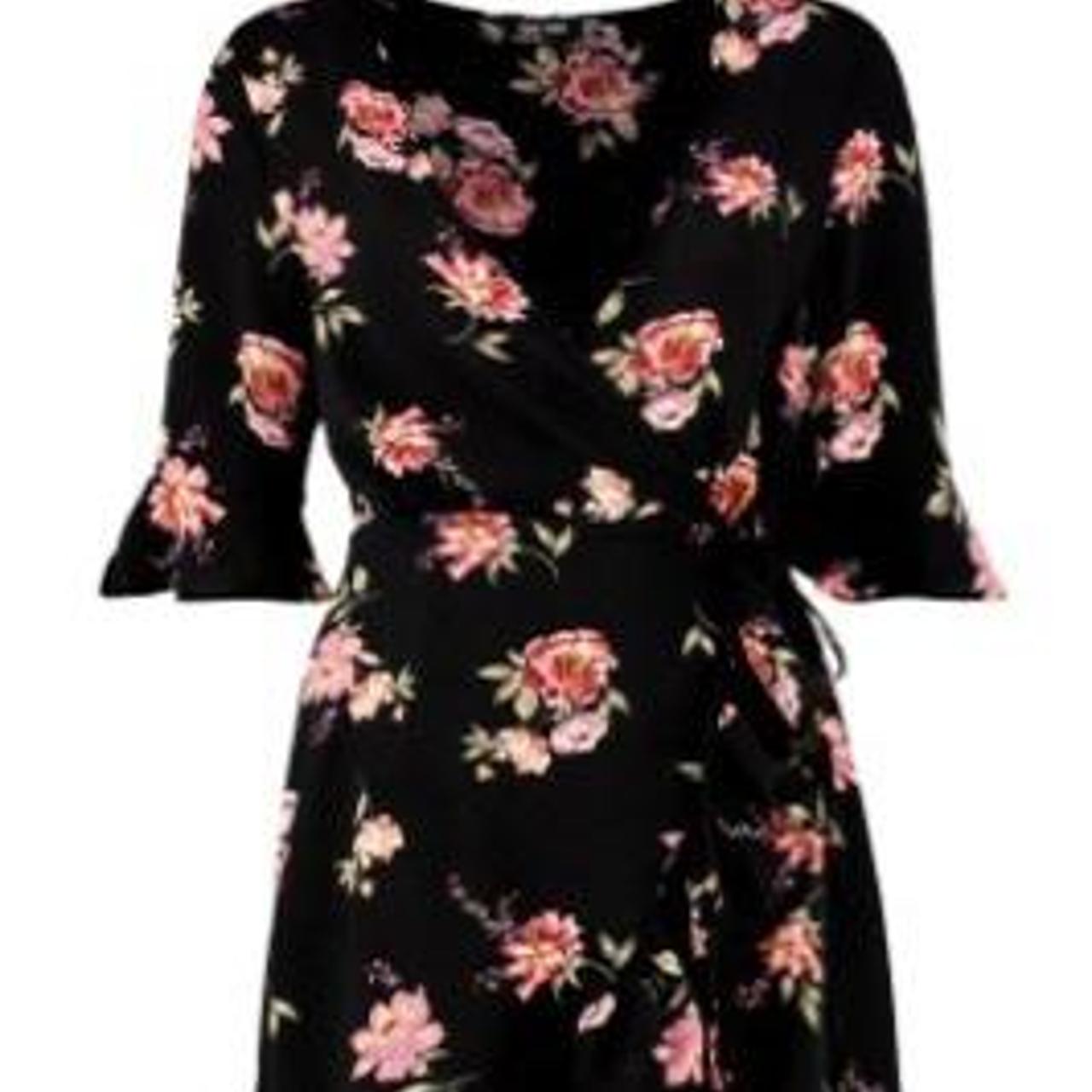 Boohoo wrap mini dress in floral pink with ruffle... - Depop