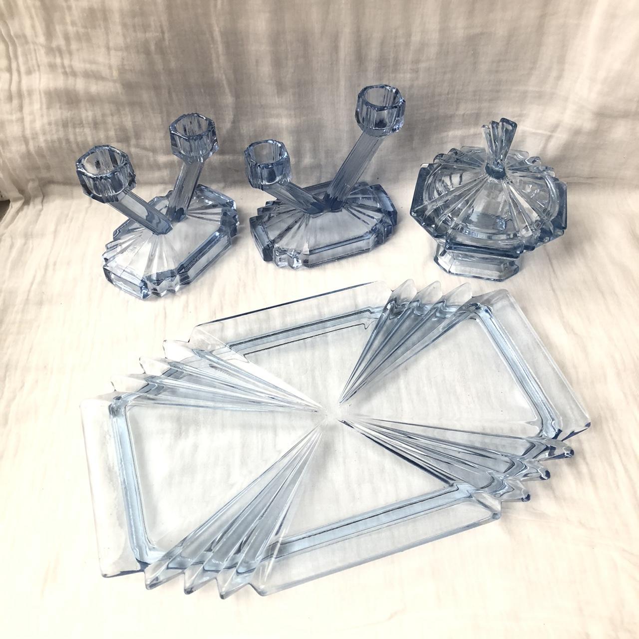 A Vintage Midcentury Blue Glass Dressing Table Set... - Depop