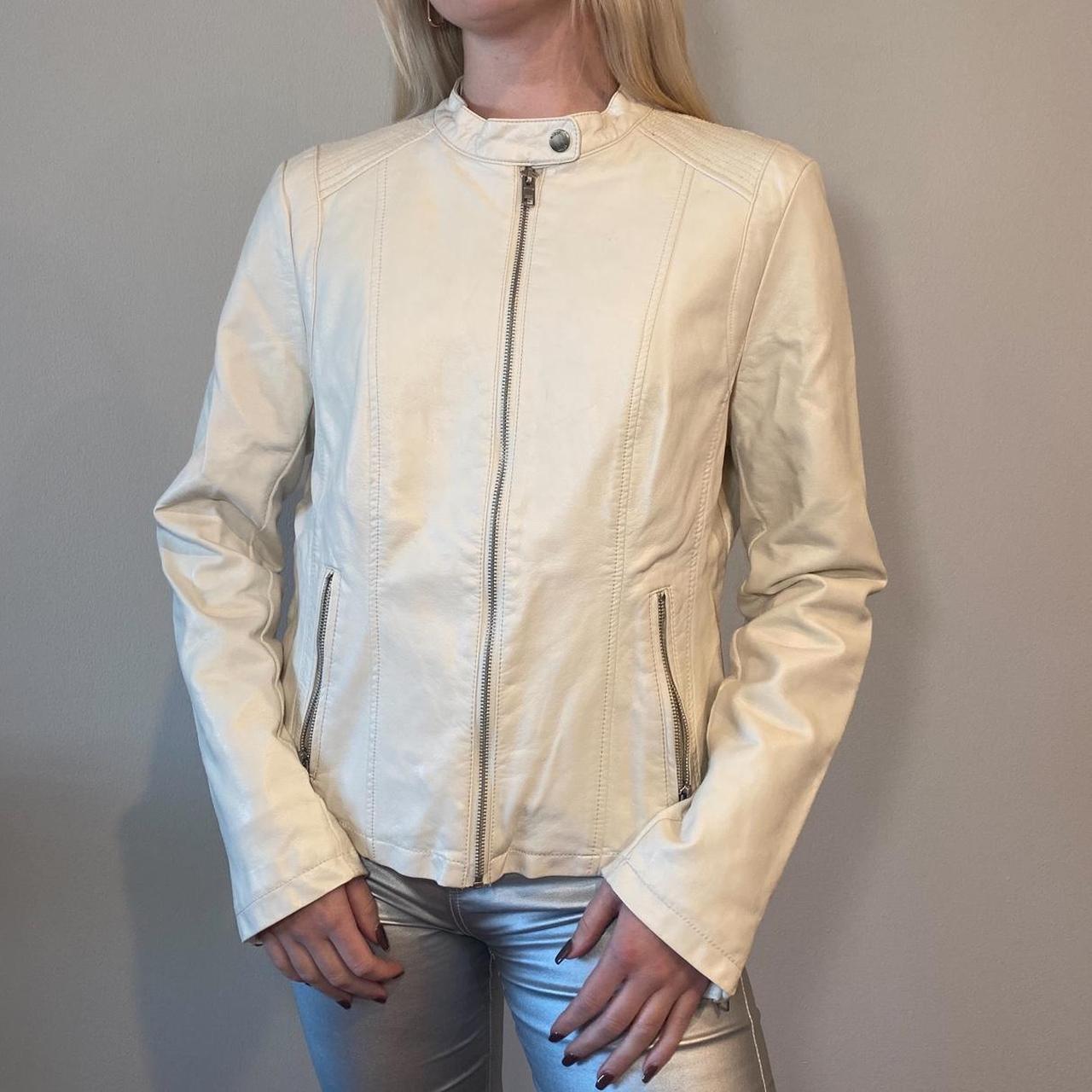 cream white faux leather moto jacket soft faux... - Depop
