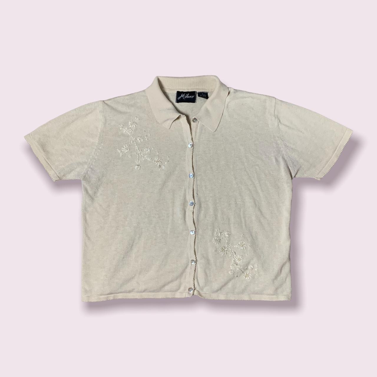 Vintage 90s Cream Flower Embroidered Button Up... - Depop