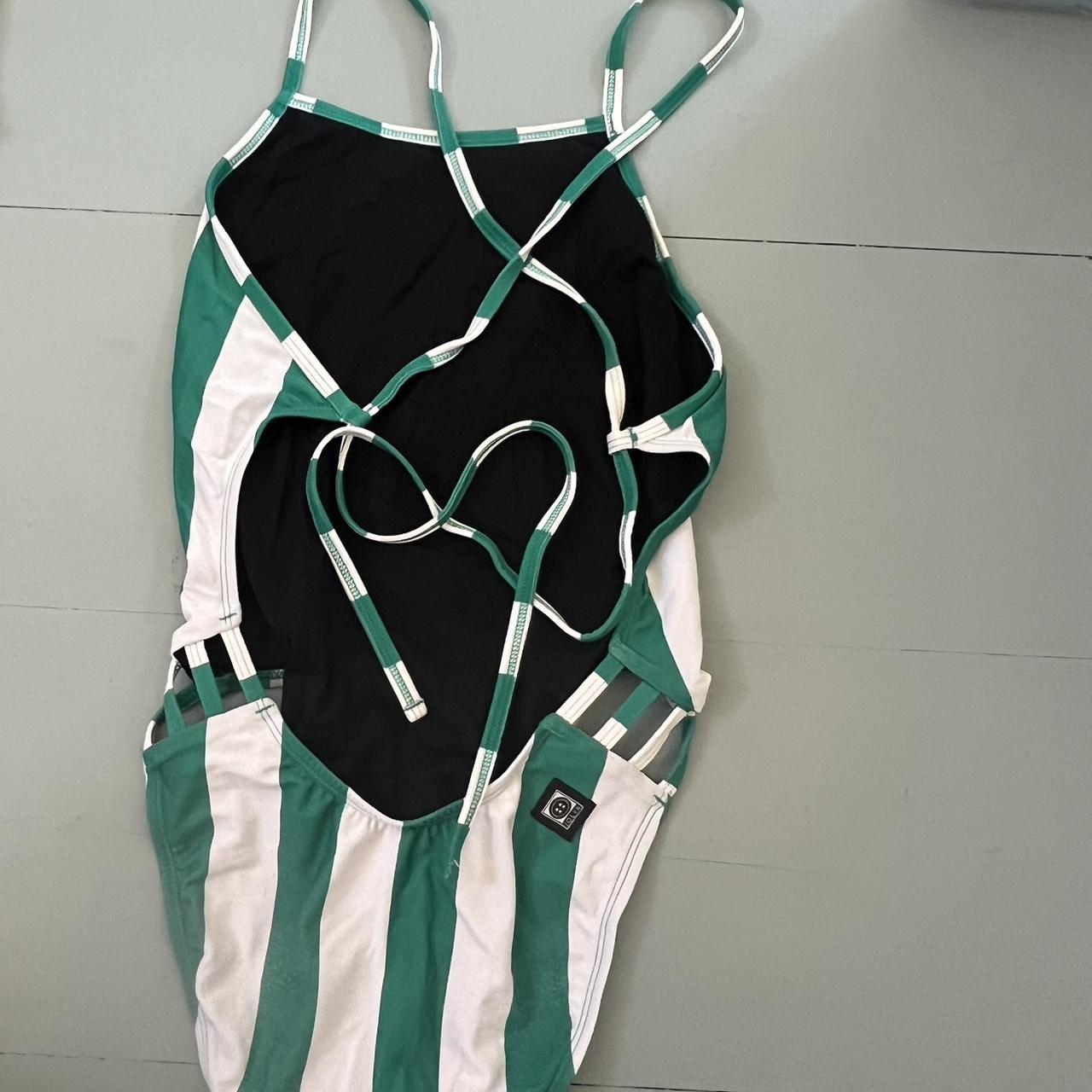 Summery green and white striped Jolyn one piece... - Depop