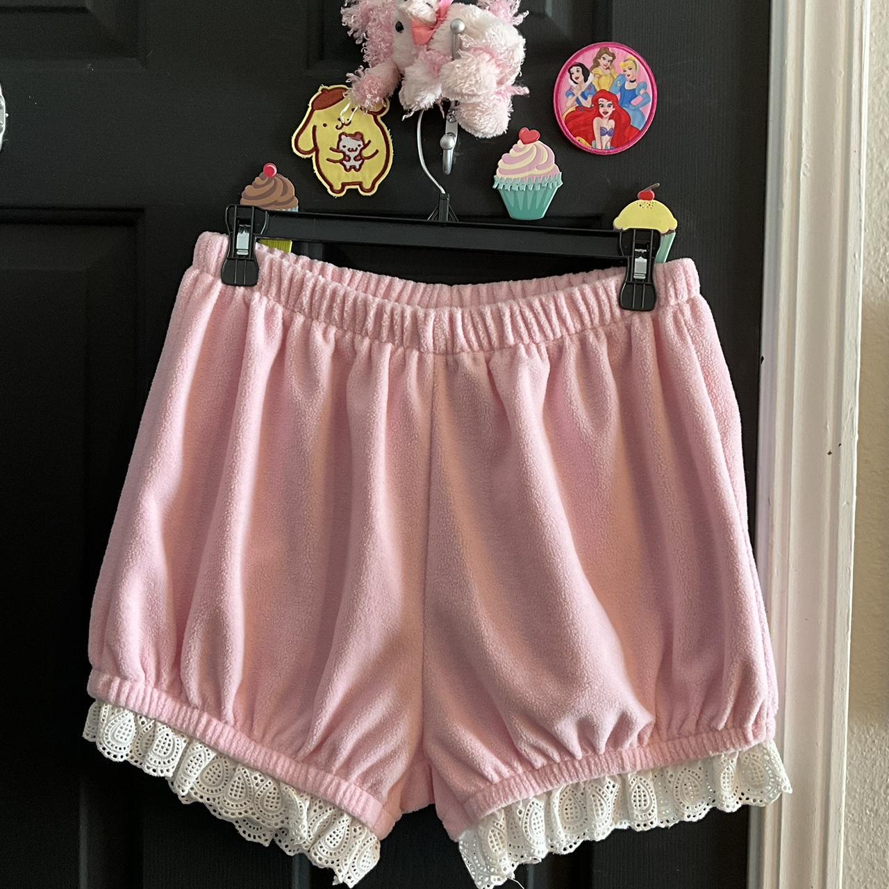 pink lace ruffled trim shorts! soft fabric 🍰 size... | Depop