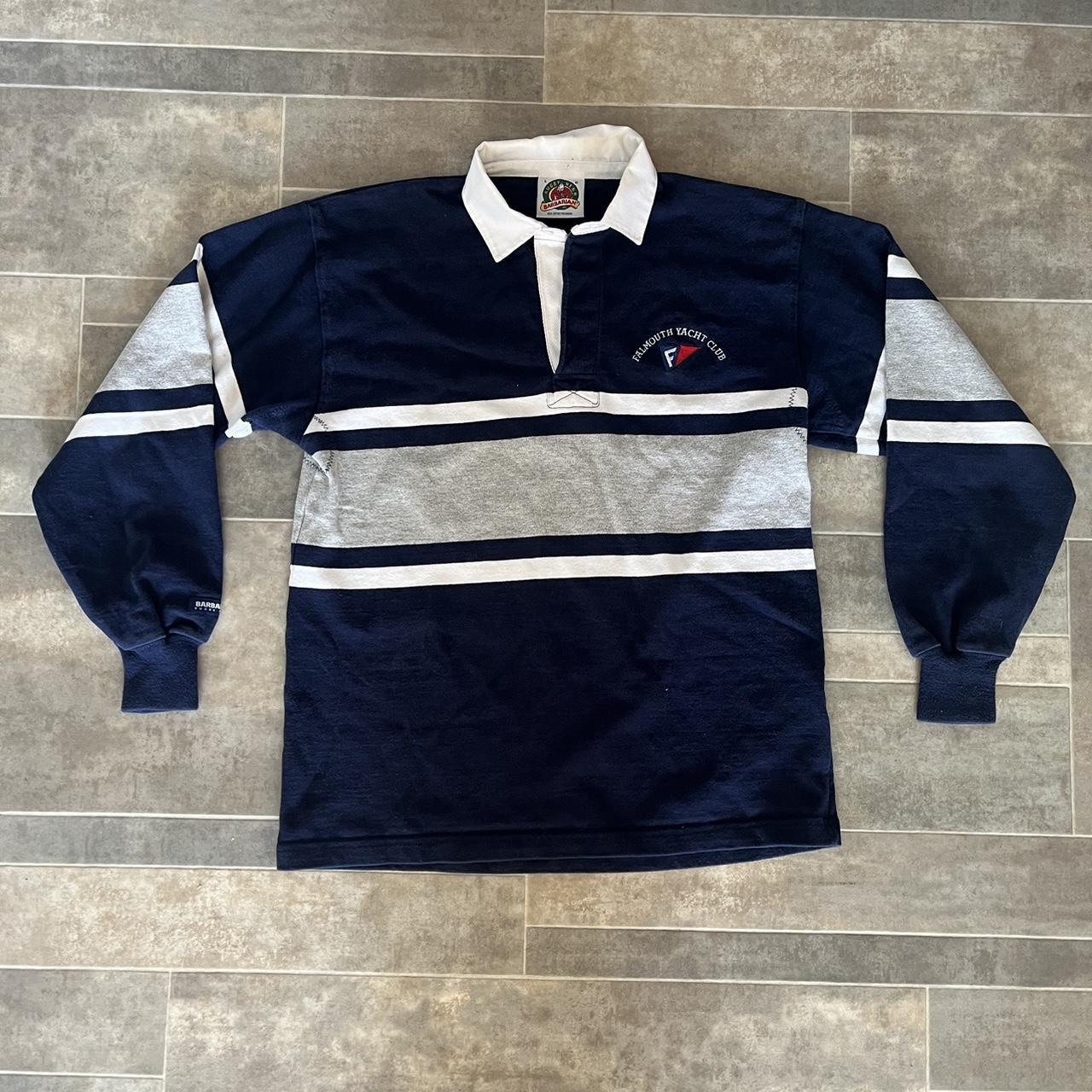 Navy and grey vintage 90s rugby top - Depop
