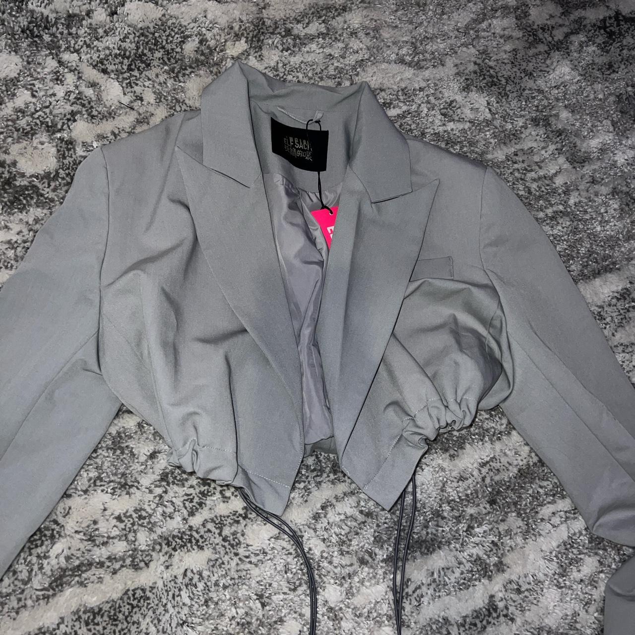 Elf sack cropped blazer with tie size small grey - Depop