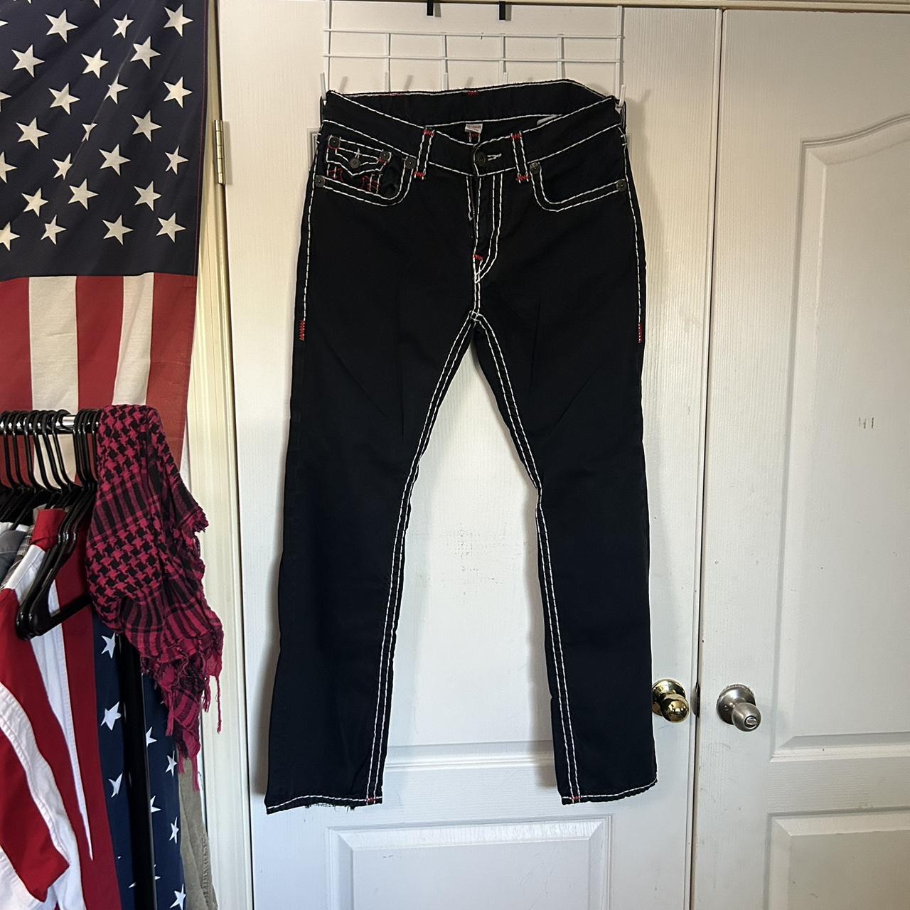 RED AND BLACK “VAMP” TRUE RELIGION JEANS SIZE 34,... - Depop