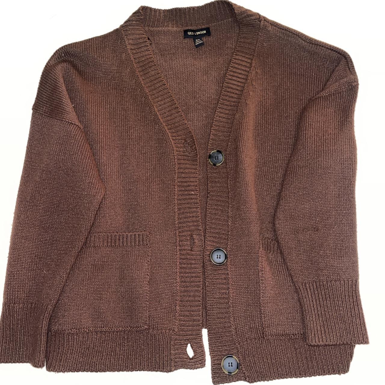 chocolate cardigan with tortoise buttons size UK 14 - Depop