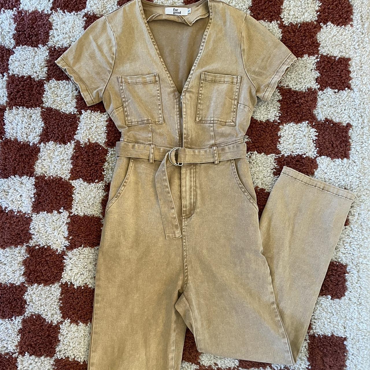 Pilot Style Jumpsuit Color- Khaki/Tan Zips up Belt... - Depop