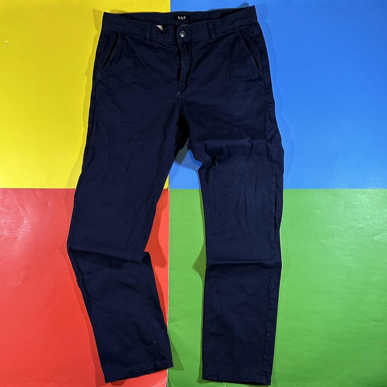 HUF pants. Navy chino style skate pants by HUF... - Depop