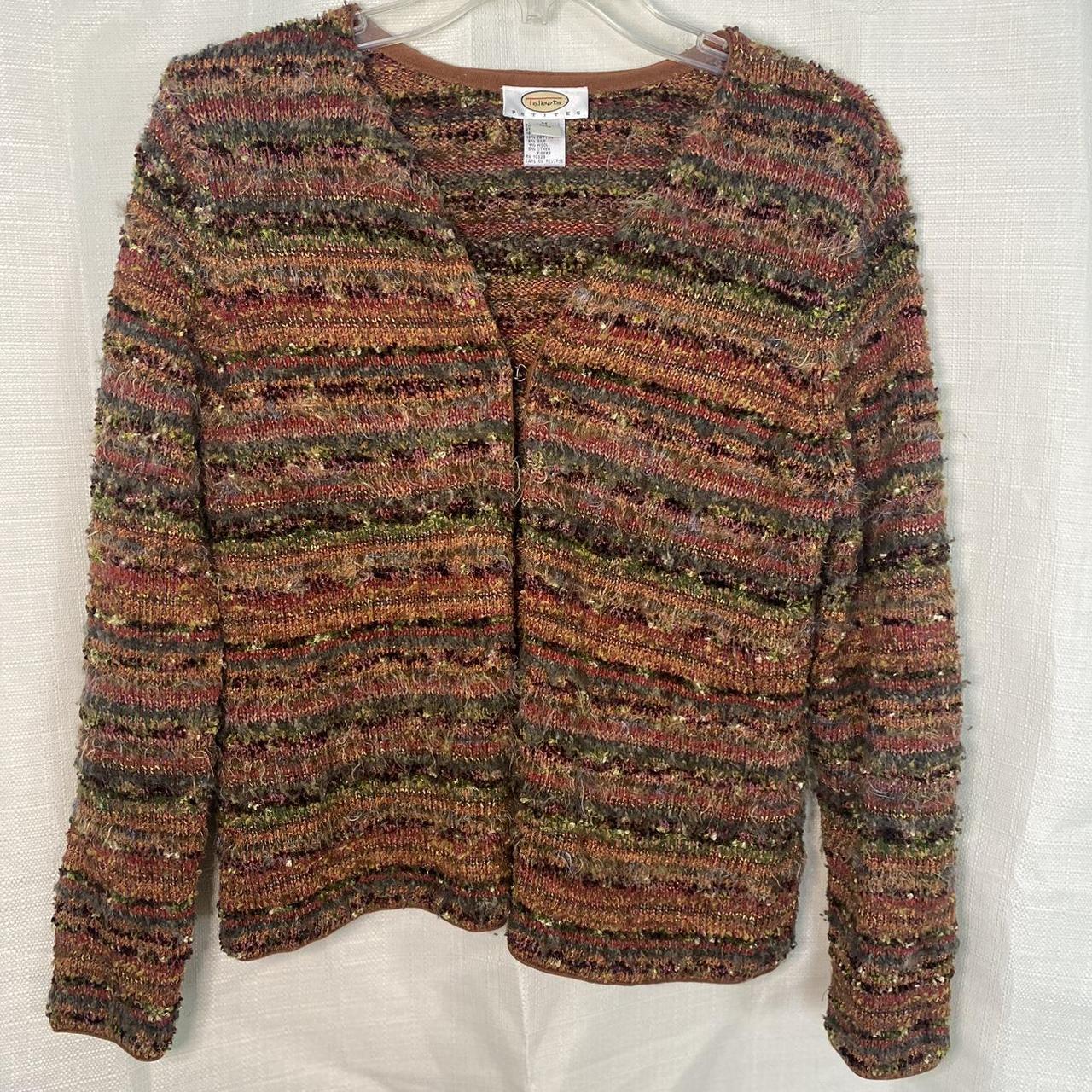 Talbots Brown and green striped cardigan with fuzzy... - Depop
