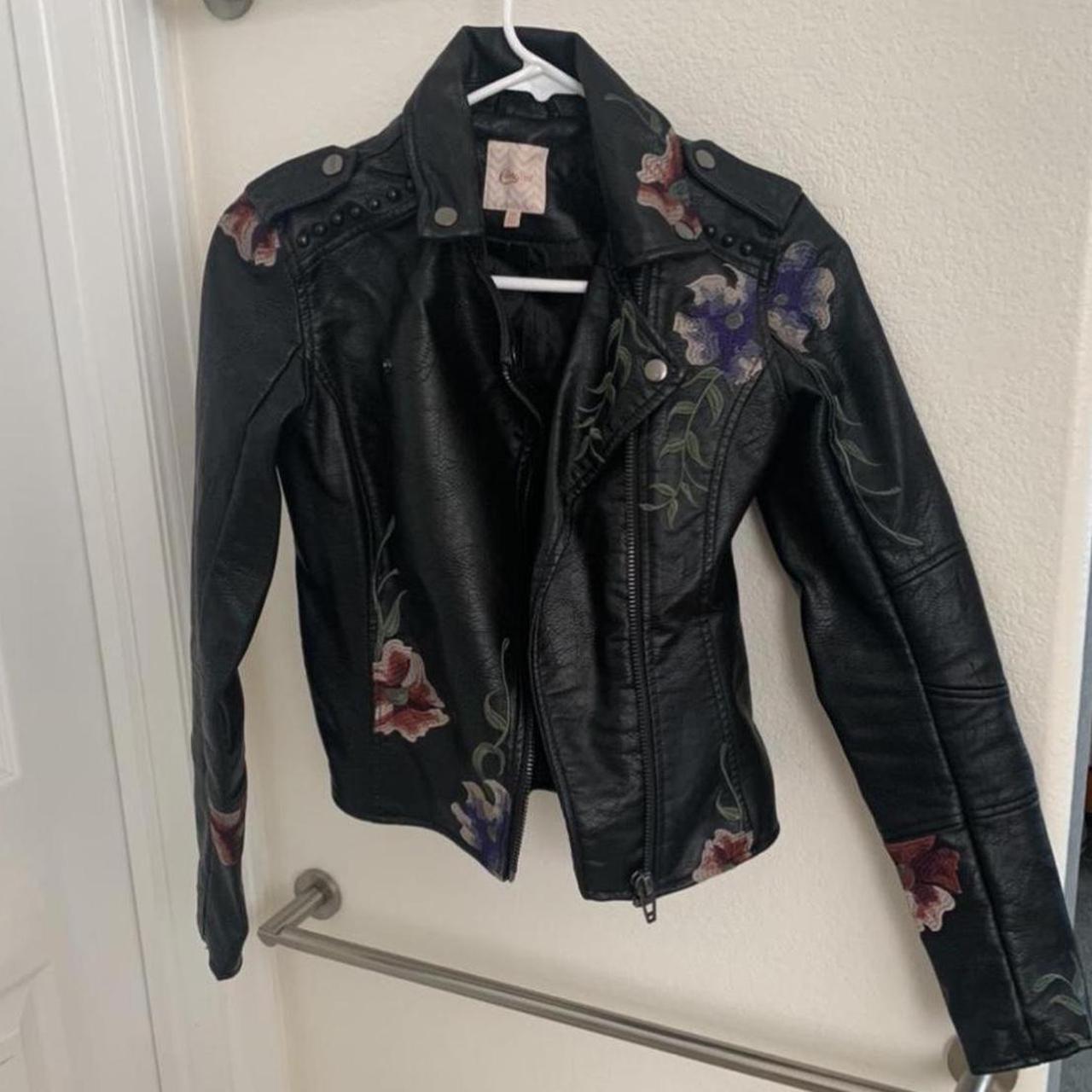 Gorgeous leather jacket with flower details Size:... - Depop