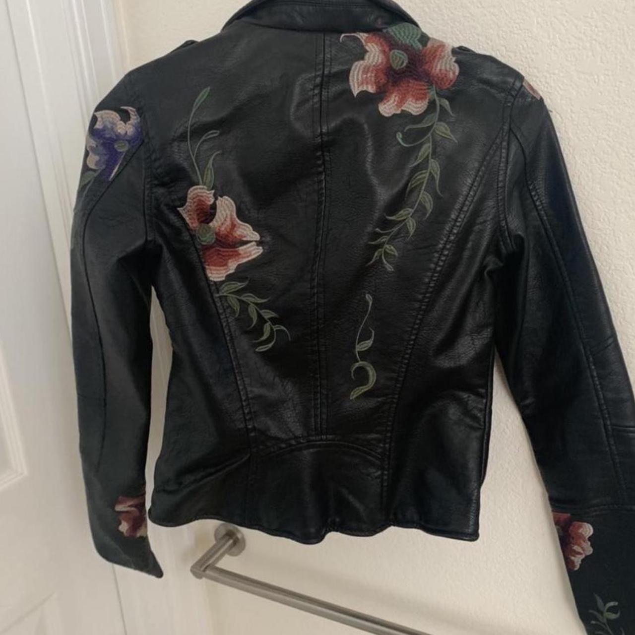 Gorgeous leather jacket with flower details Size:... - Depop