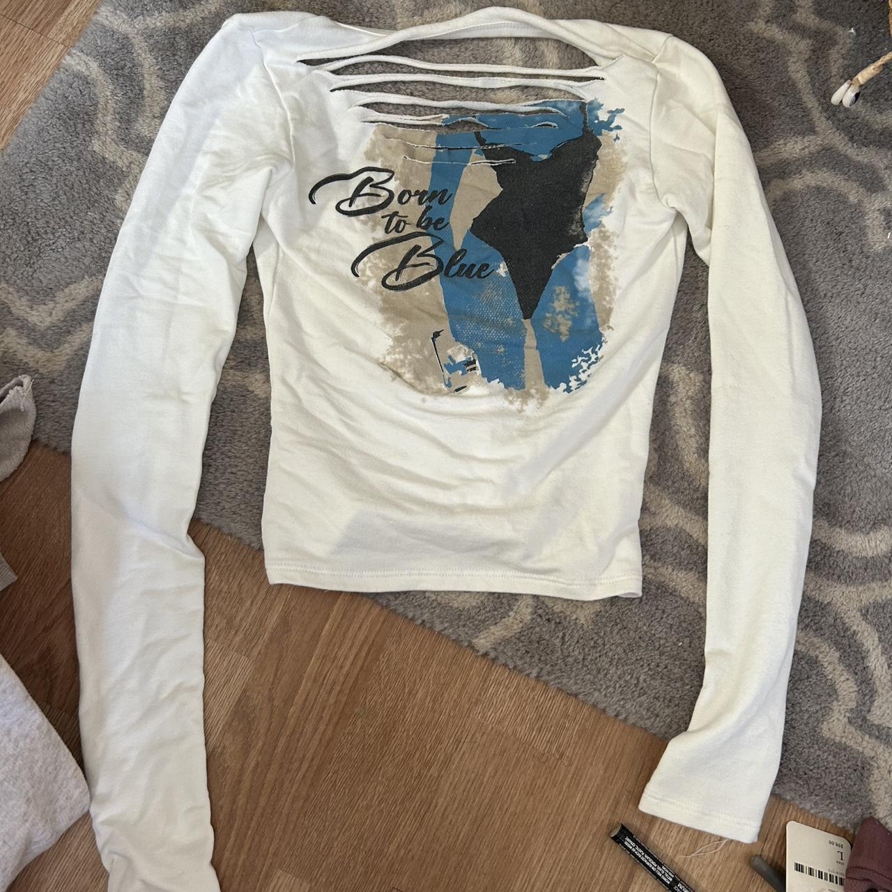 Revice White and blue long sleeve top with back... | Depop