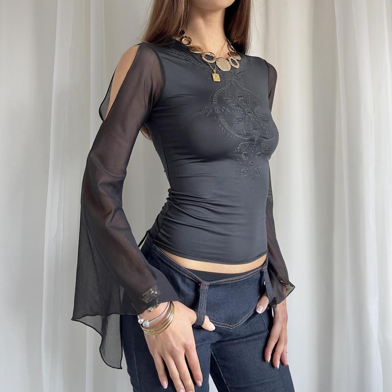 Vintage 90s y2k Mesh Graphic Long Sleeve Crop... - Depop