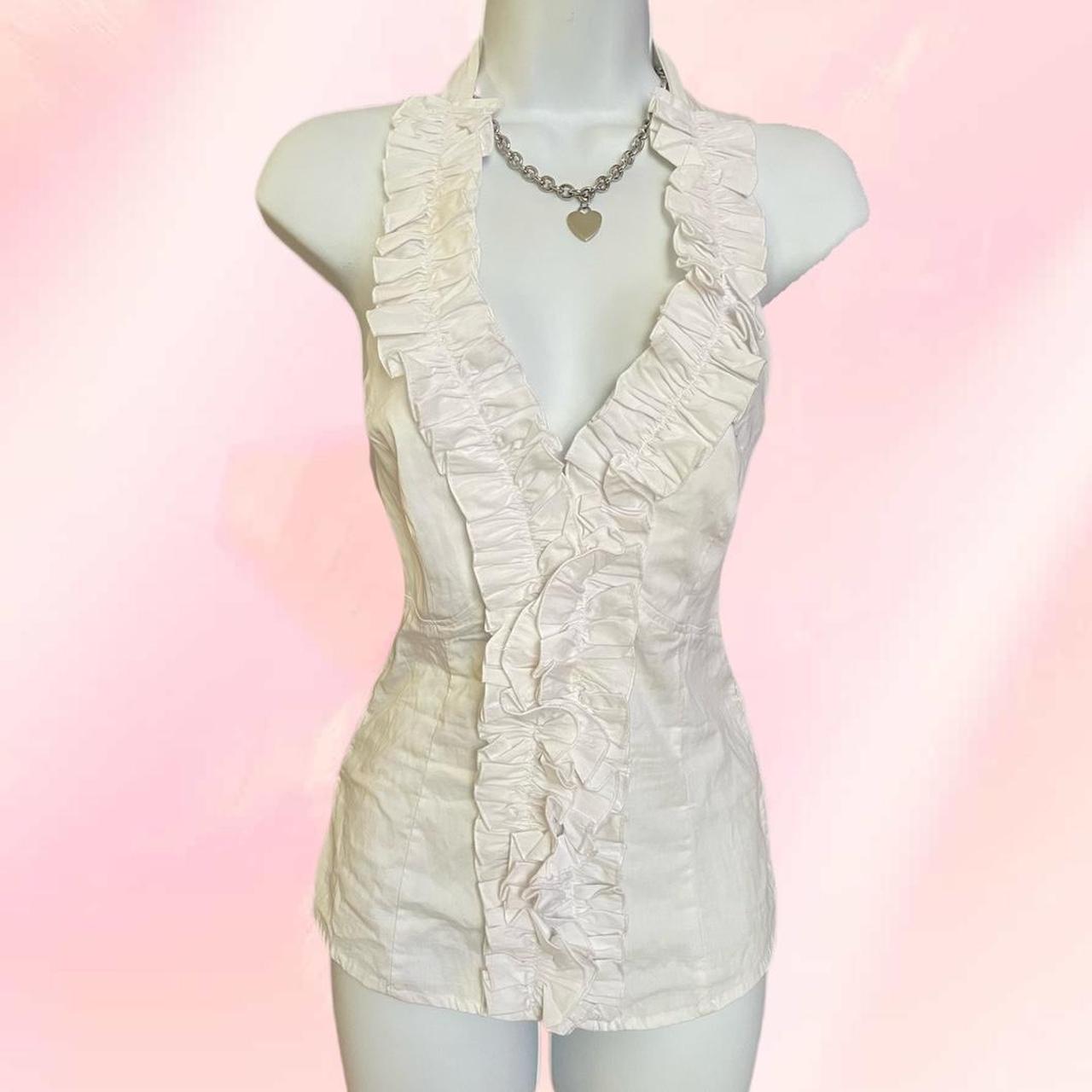 Y2k ruffled white halter top with a flattering low... - Depop