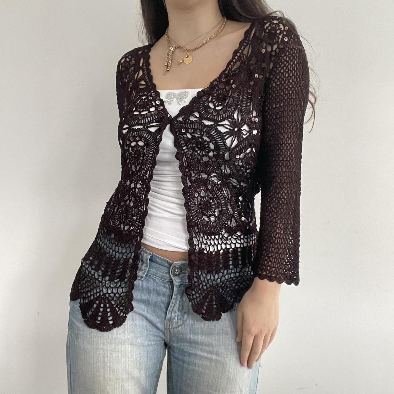 Brown sequin crochet knit cardigan button up From a... - Depop