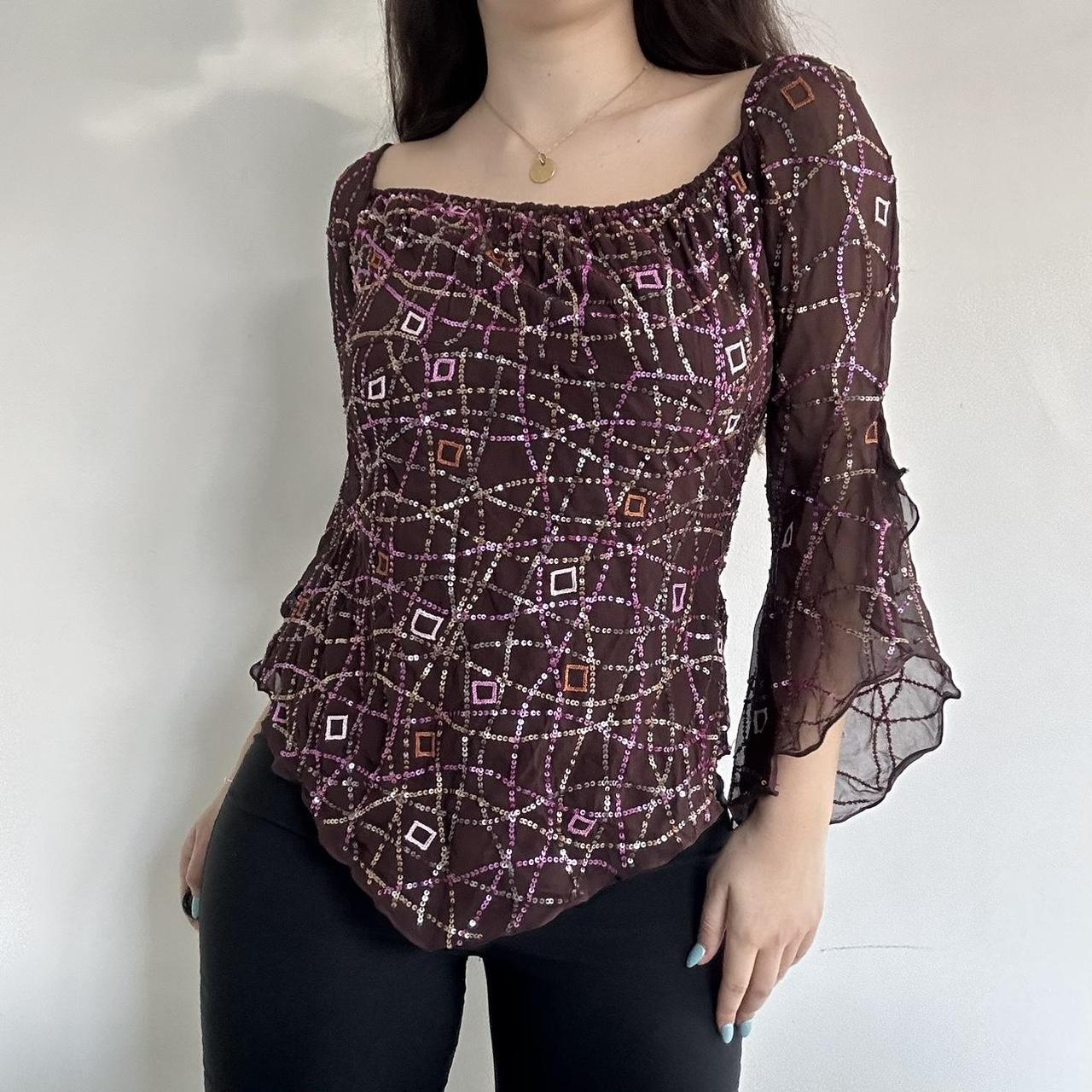 Aftershock brown and pink sequin beaded floral... - Depop