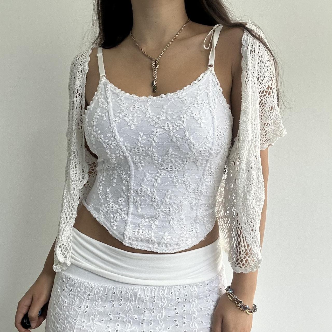 White crochet knit short sleeve cardigan cardigan... - Depop