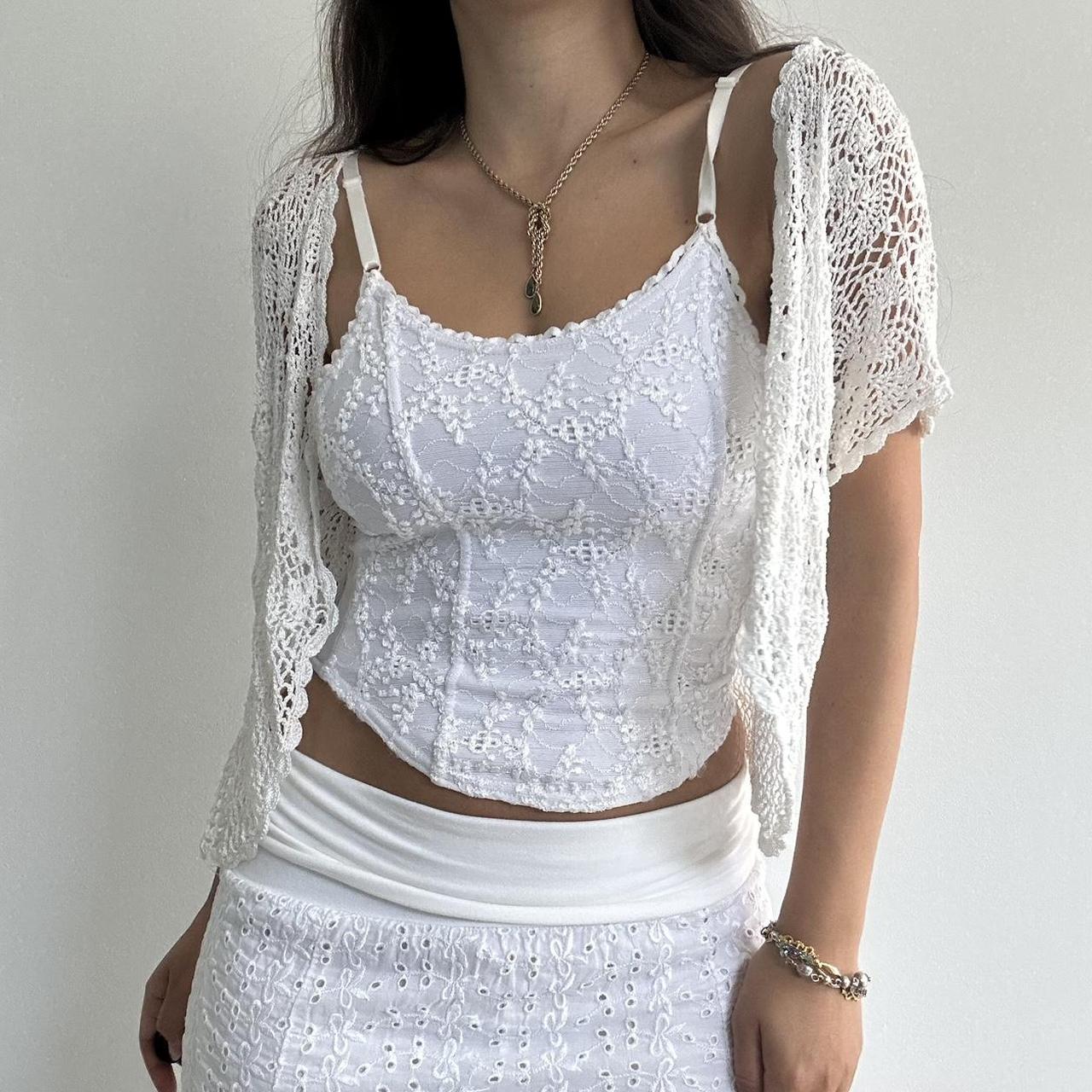 White crochet knit short sleeve cardigan cardigan... - Depop