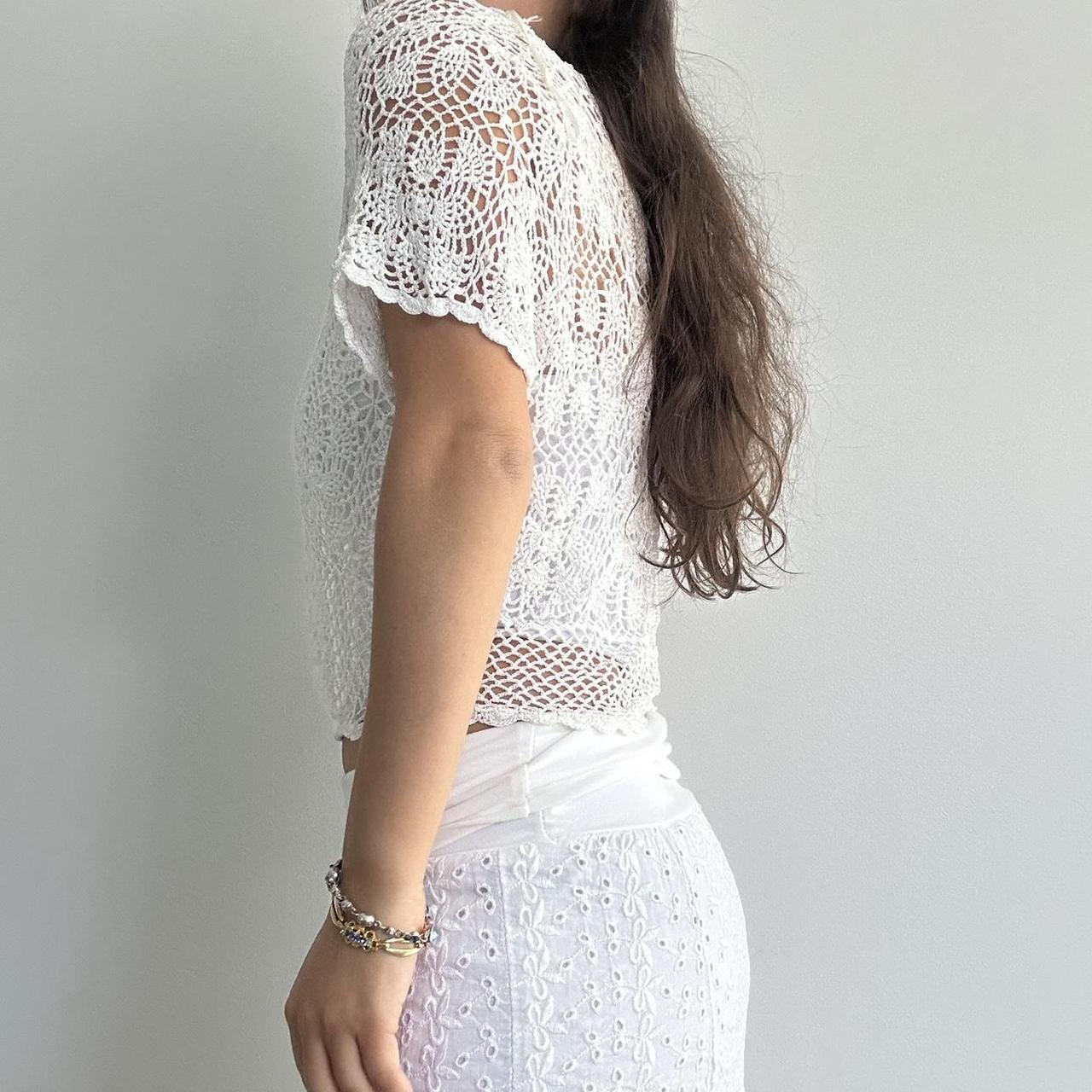 White crochet knit short sleeve cardigan cardigan... - Depop