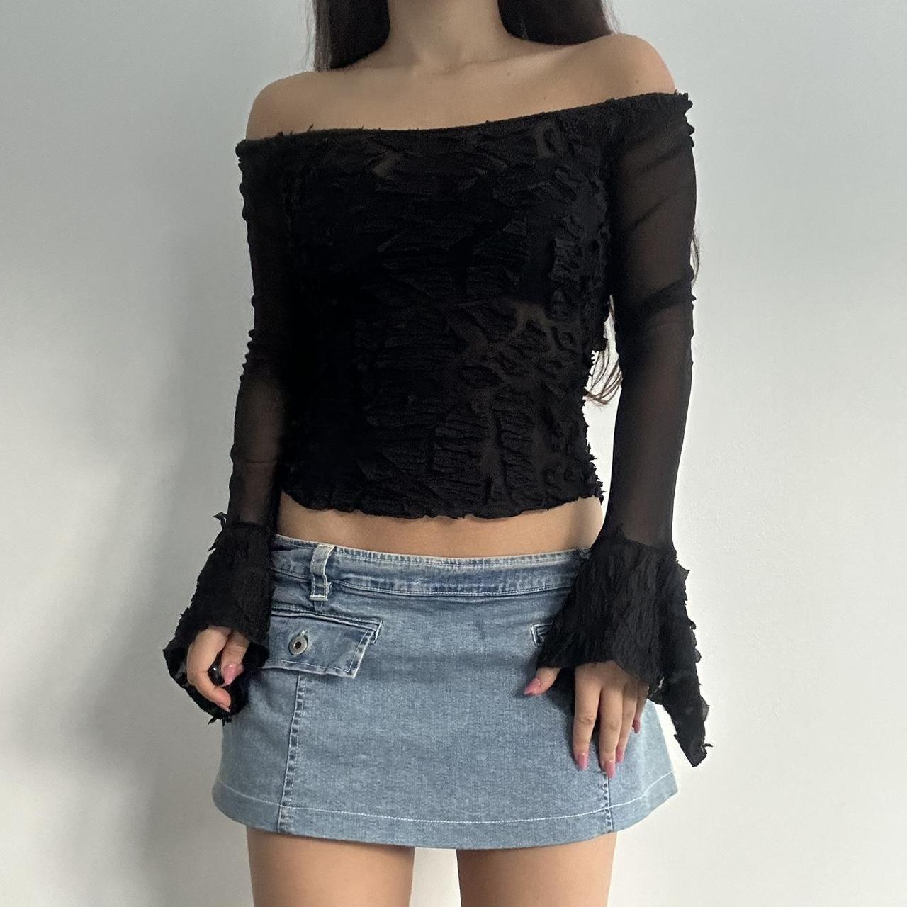 Black semi sheer mesh ruffle long sleeve mesh top... | Depop