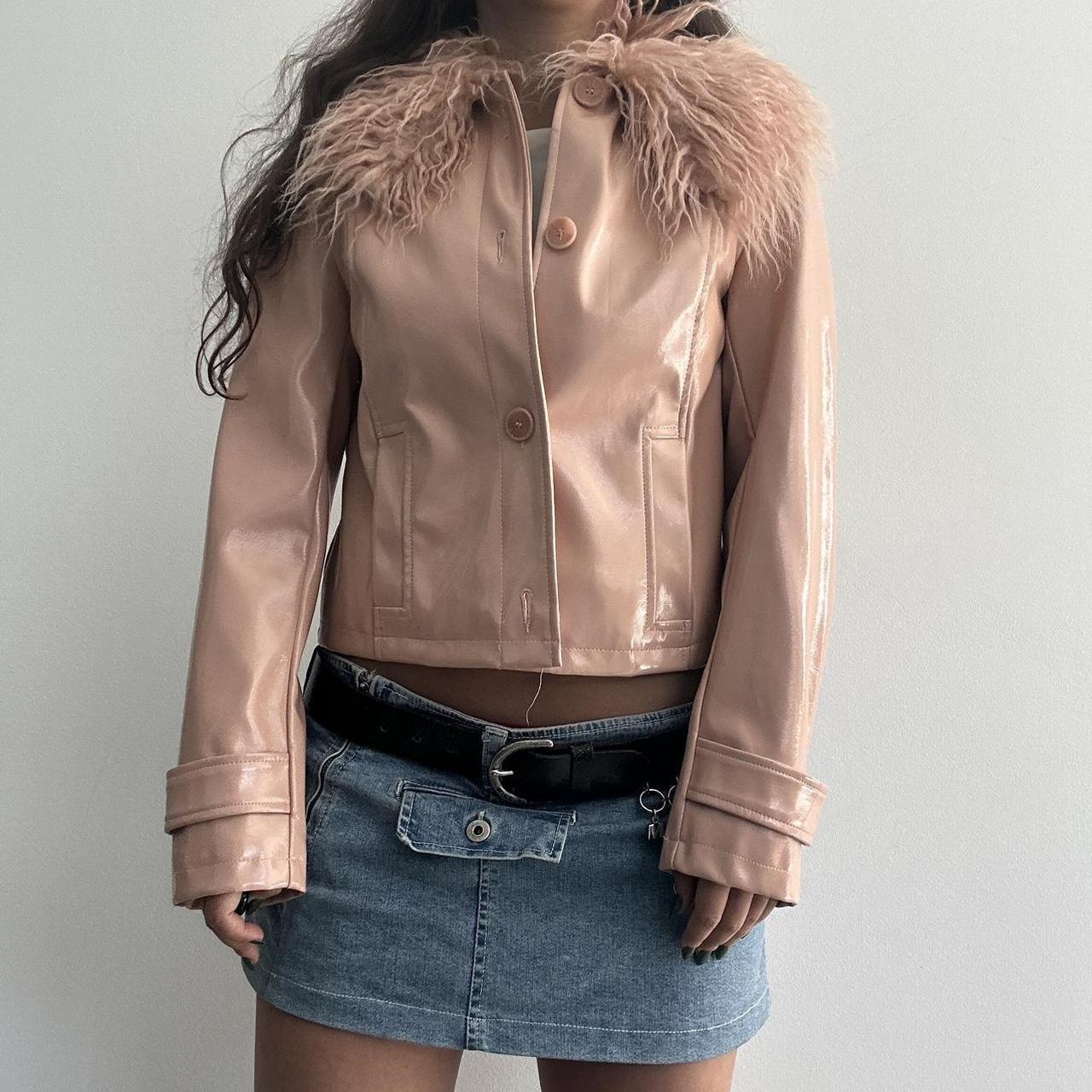 Pink faux fur vinyl look button up cropped jakcet... - Depop