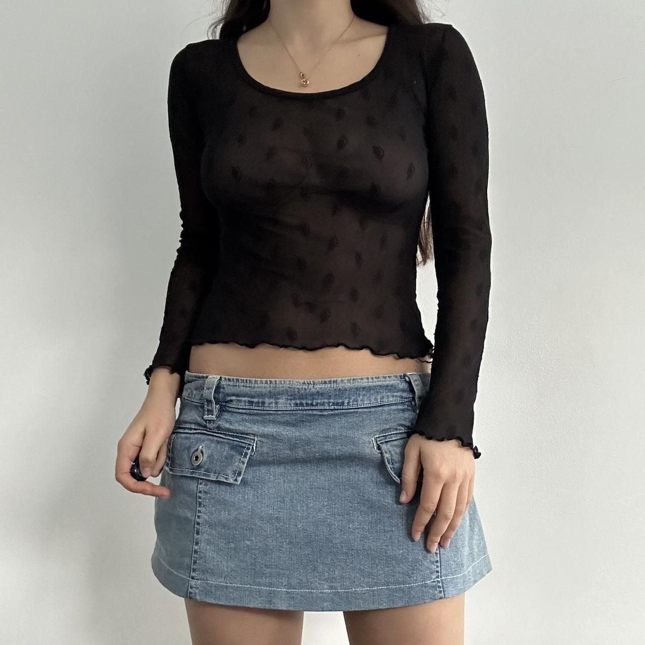 Black vintage semi sheer micro mesh long sleeve... | Depop