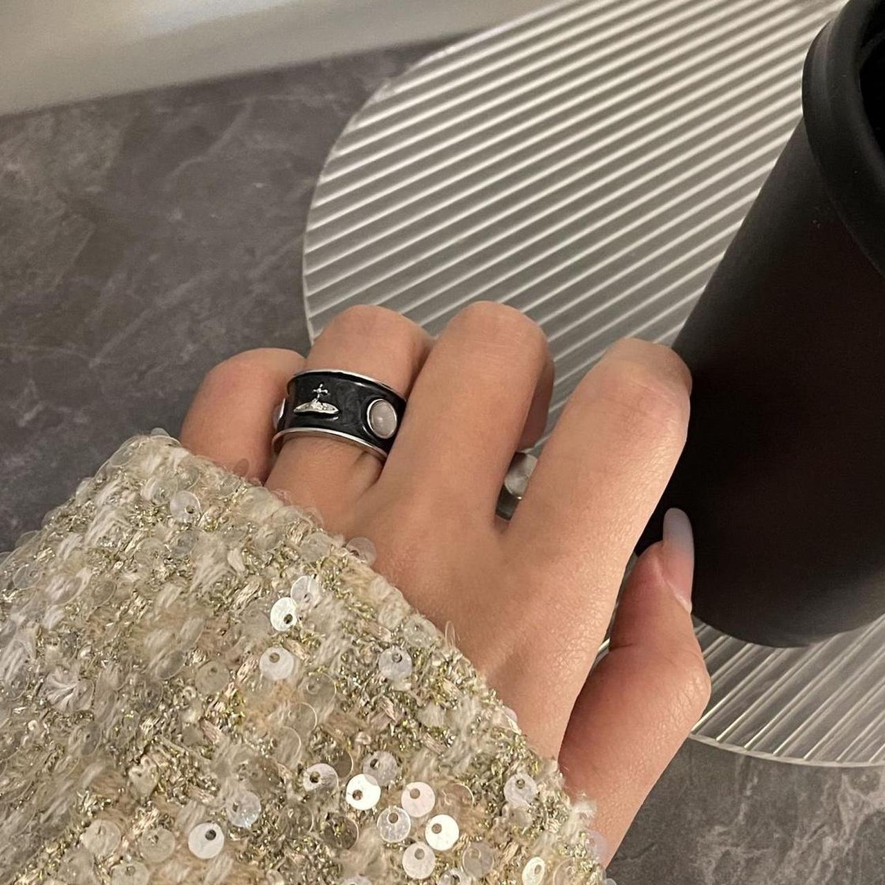 VW Silver Black Pearl Enamel Saturn Ring... - Depop
