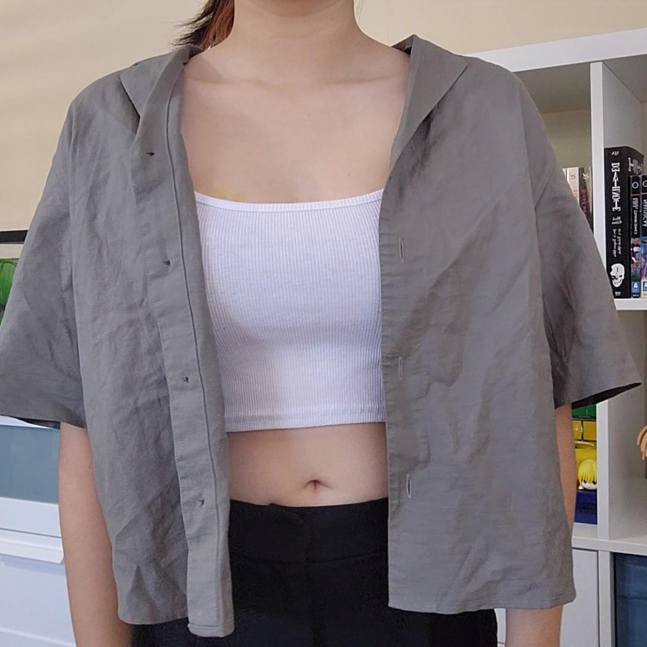 Uniqlo boxy button up tee. Beautiful gray/green(?)... - Depop