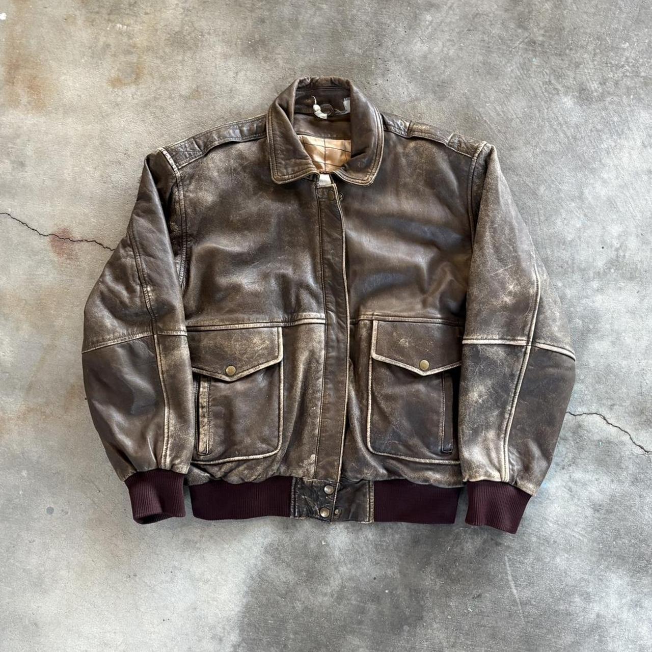 vintage leather bomber jacket nice fade good... - Depop