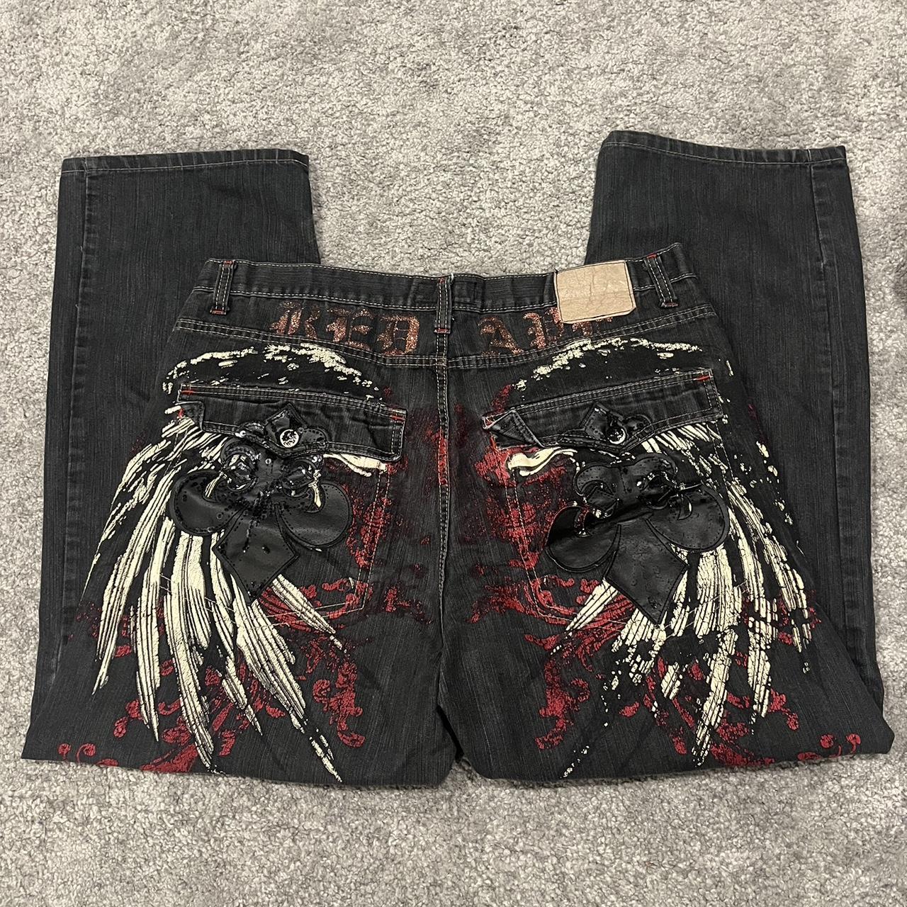 Affliction Men's Black and Red Jeans | Depop