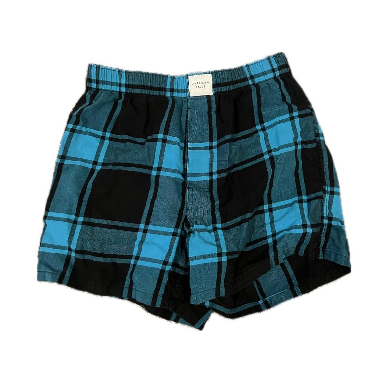 american eagle plaid stretch boxer shorts - black... - Depop