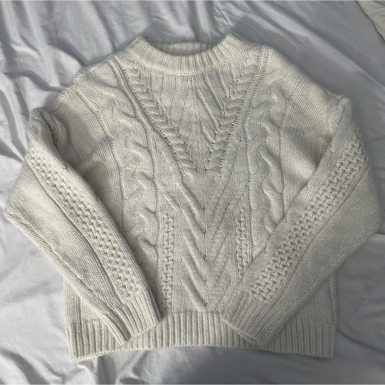white cable knit sweater very soft & comfy size s... - Depop