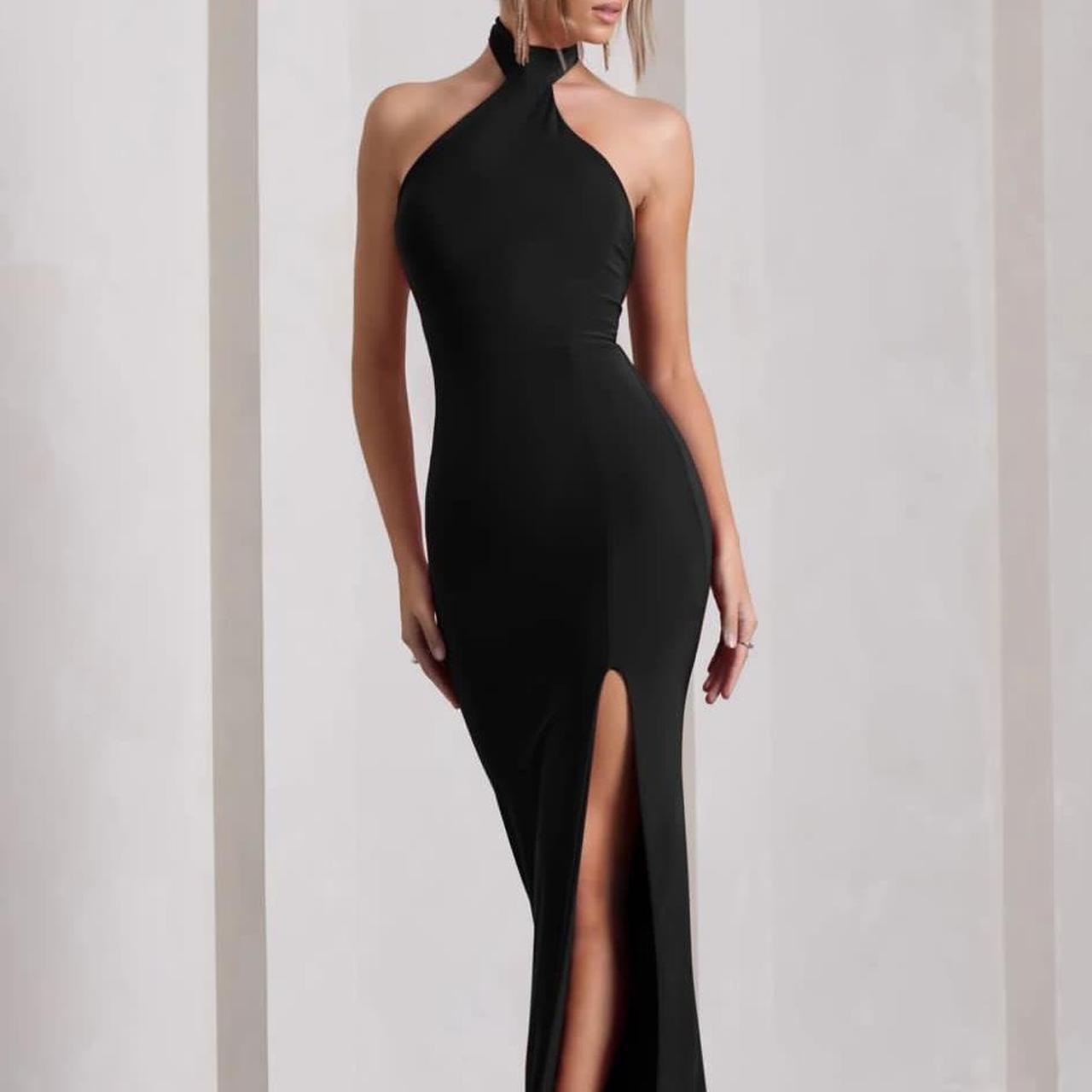 Pamela | Black Halter-Neck Sleeveless Split Maxi... - Depop