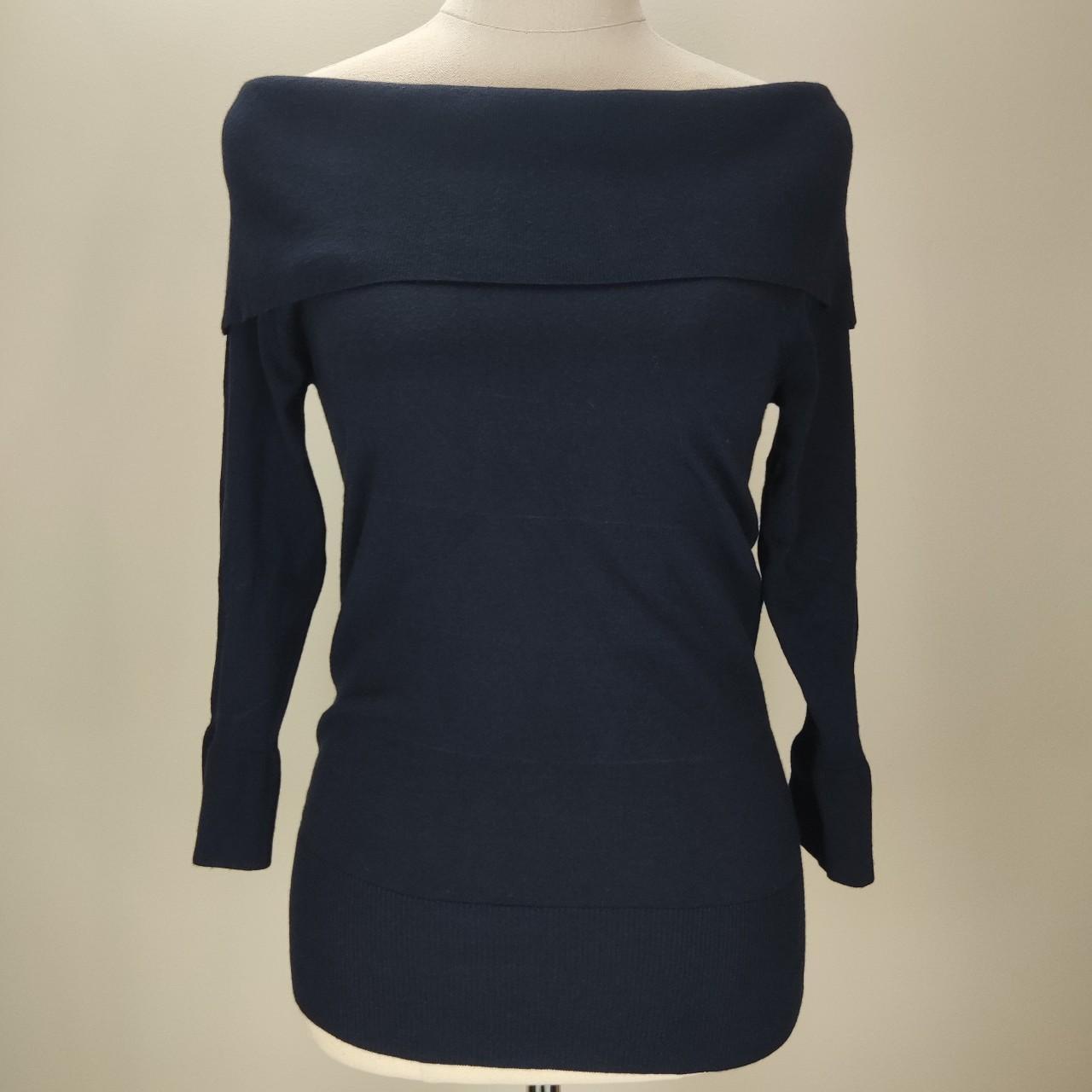 Navy blue foldover off the shoulder knit sweater... - Depop