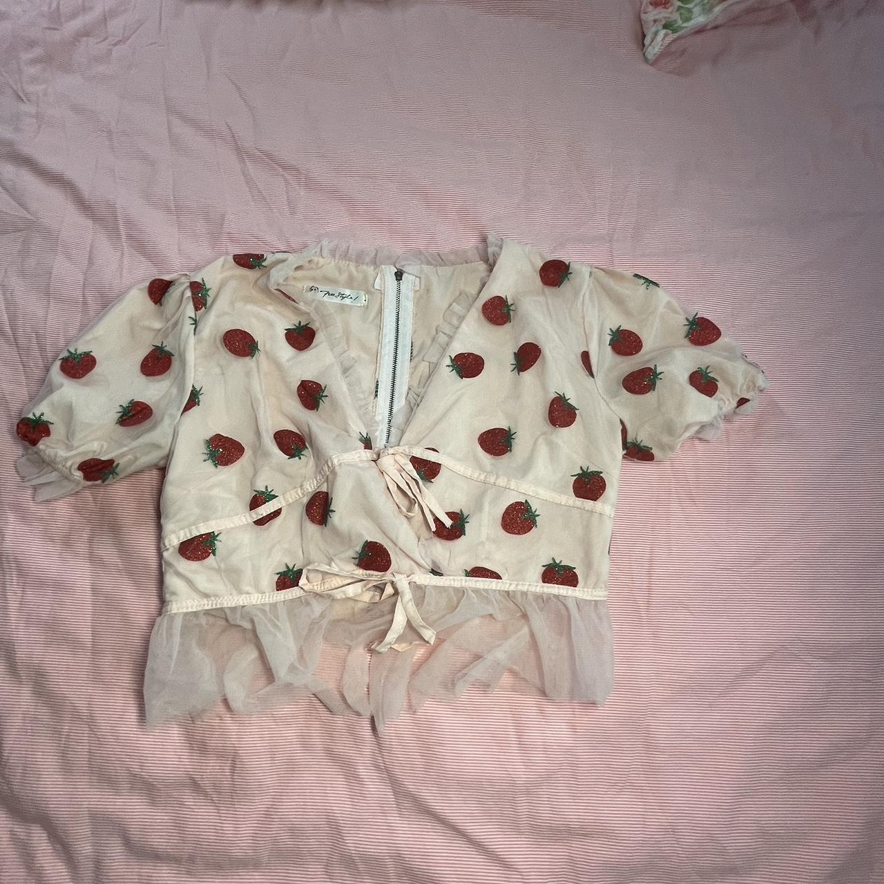 cute strawberry blouse top from boutique reminiscent... - Depop
