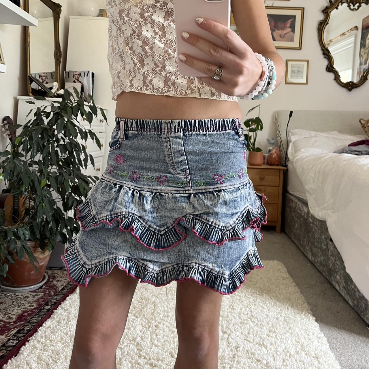 Vintage denim mini ruffle skirt Super unique and... - Depop