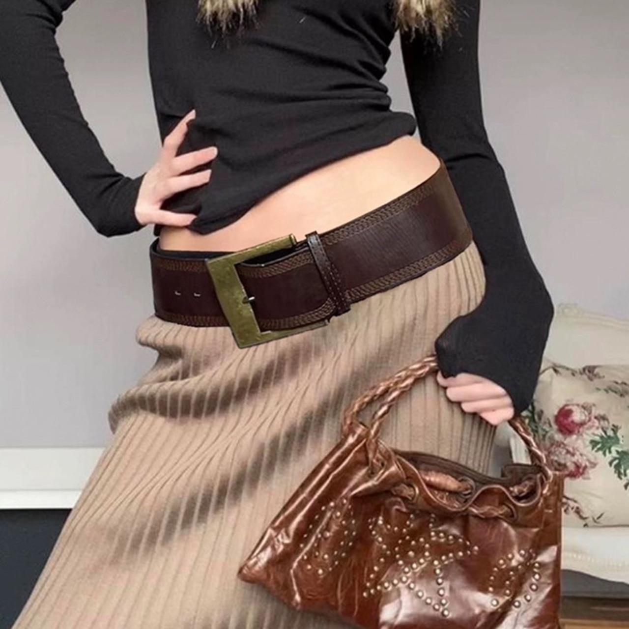 Y2K Chunky Oversized Buckle Boho Belt Brown /... - Depop