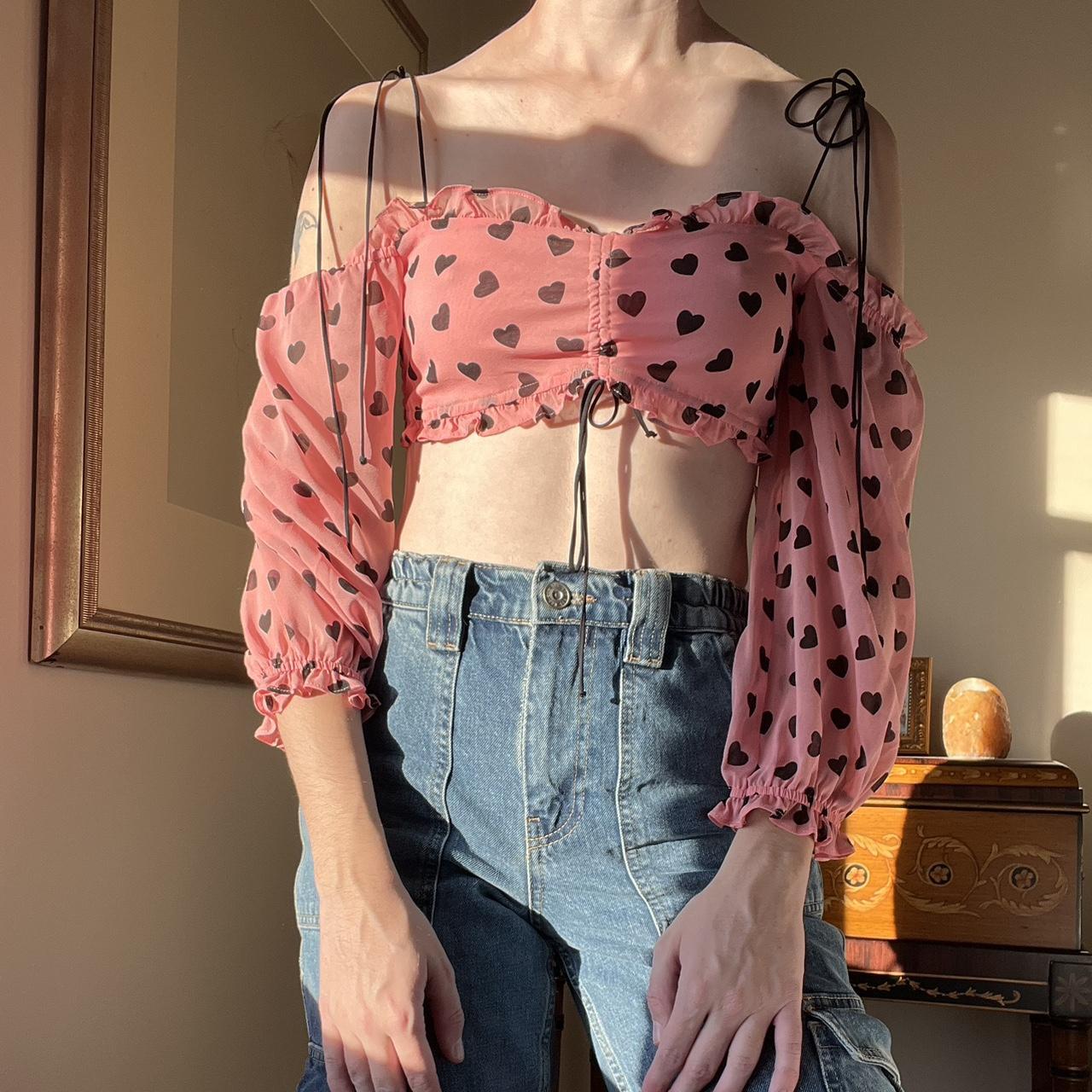 For Love and Lemon pink top with black hearts. Tag... - Depop
