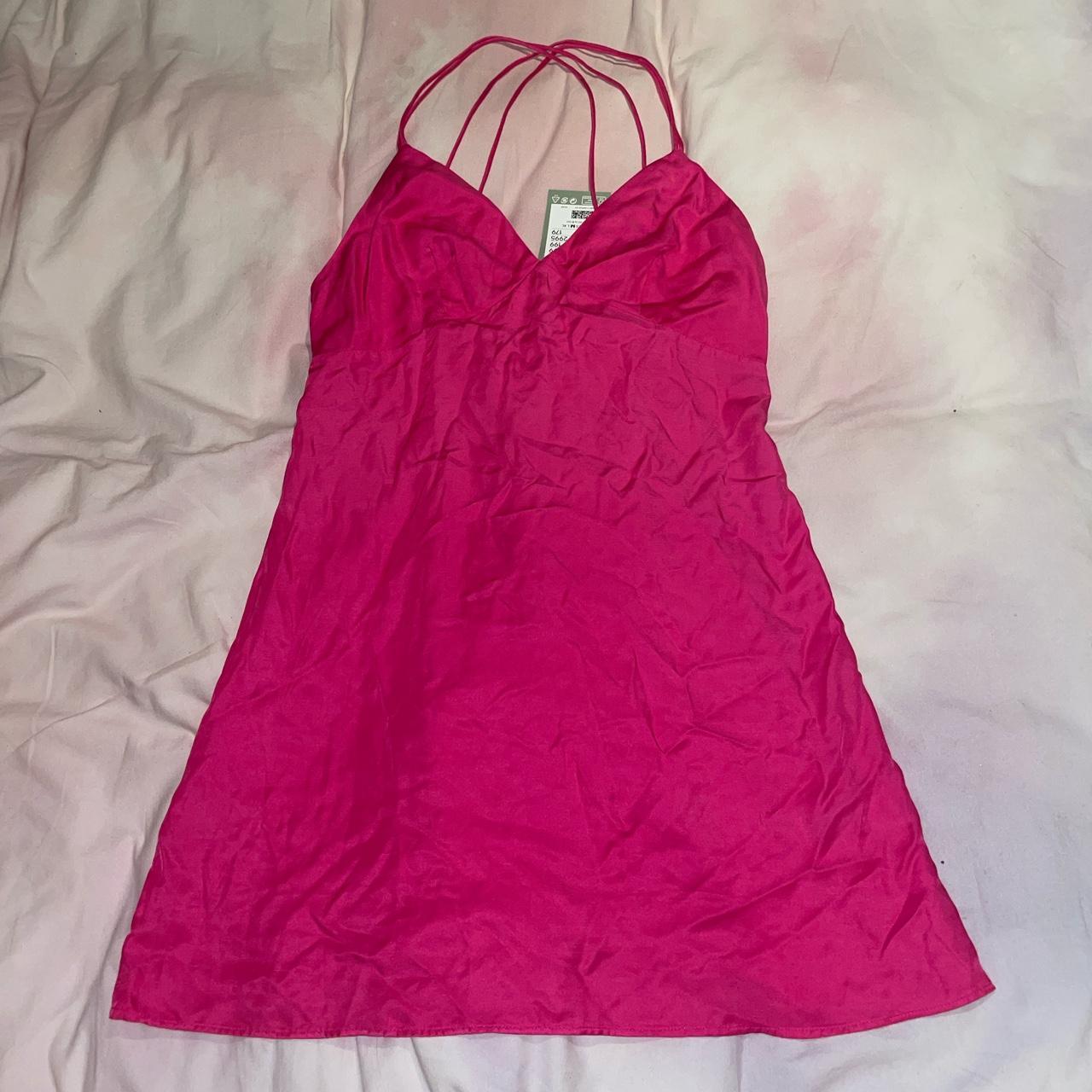 H&M satin hot pink backless mini dress never worn w... - Depop